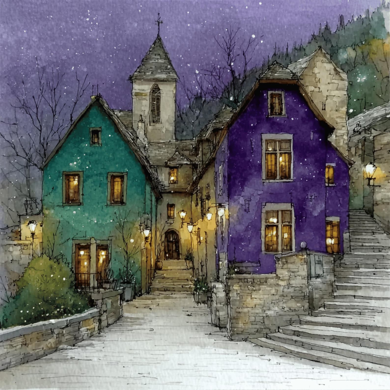 Colorful Town Scenes Watercolor Ink Art Prints: DIY Kitchen & Dining ...