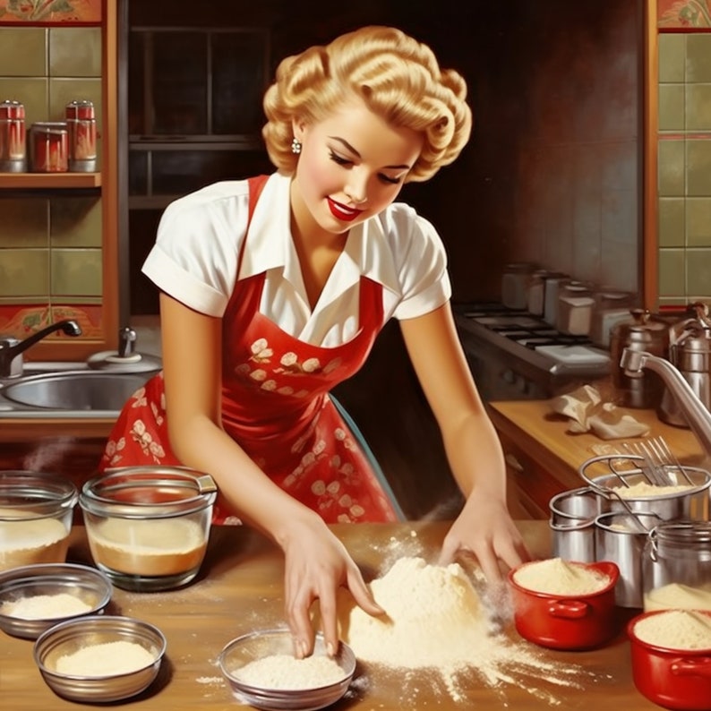 FIVE Woman Cooking Prints Retro Vintage Style Wall Decor Instant ...