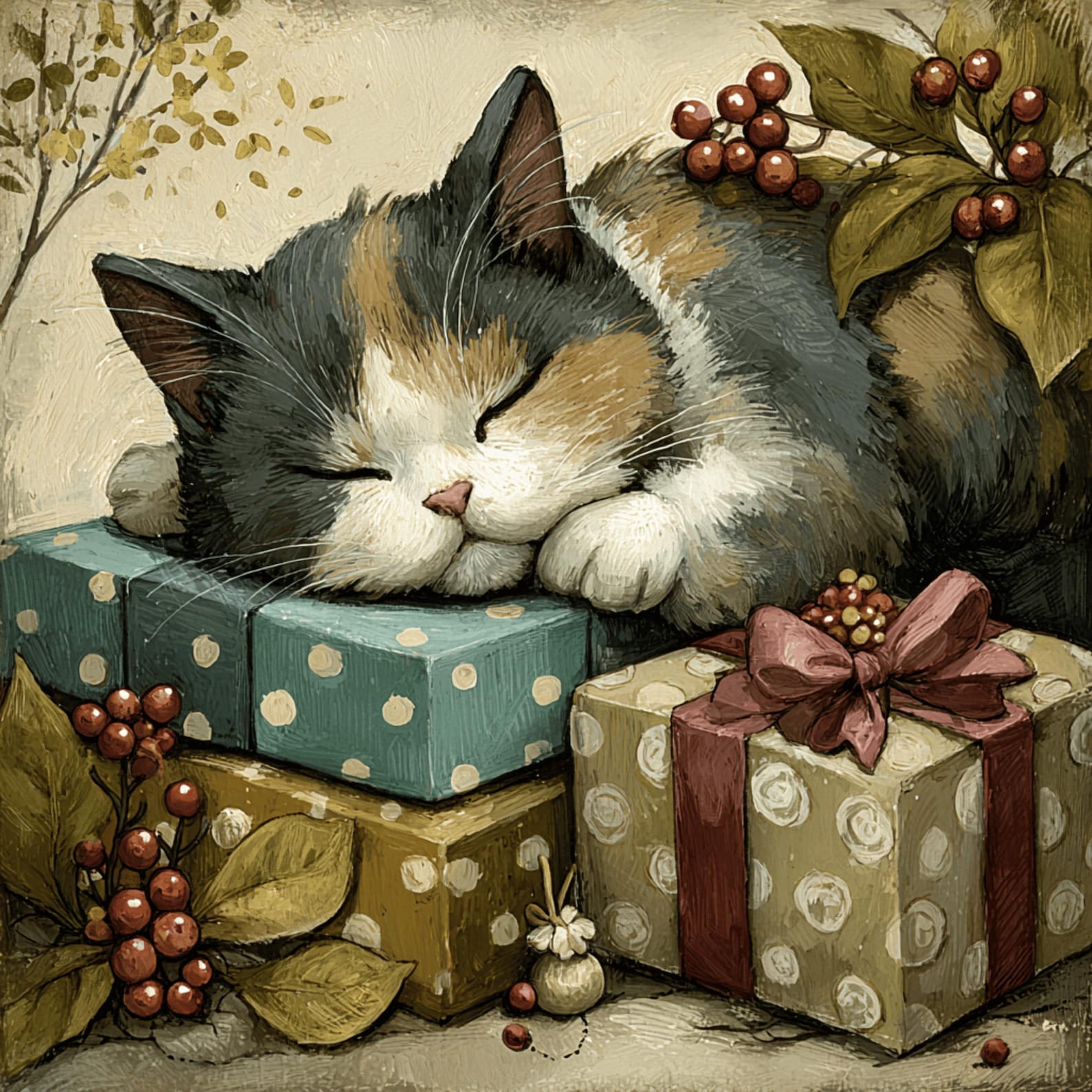 36 Christmas Cats With Presents, Cozy Holiday Artwork, Vintage Style ...