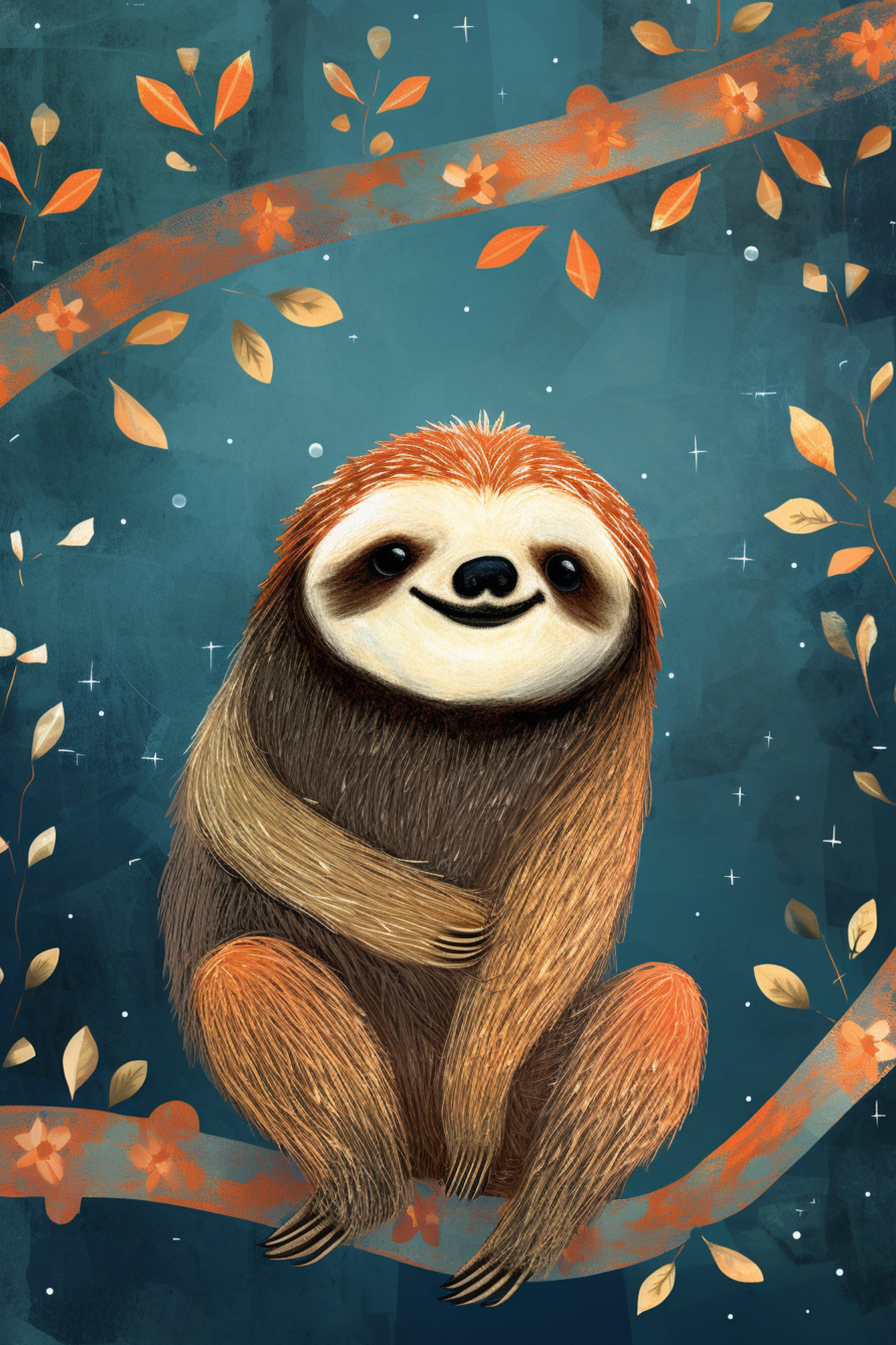 Sloth Illustration Set of FOUR Teal and Gold Instant Printable Digital ...