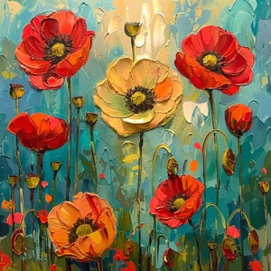 TWELVE Poppies Wall Art, Contemporary Acrylic, Large Artwork Digital ...