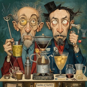 8 Vintage Barista Mixologist Digital Art, Quirky Caricature Cartoon ...
