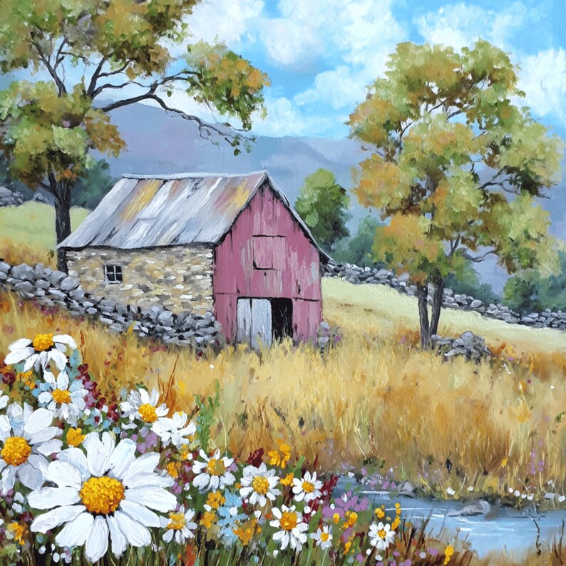19 Rustic Red Barn Artwork With Sheep, Wildflowers, Stone Walls ...