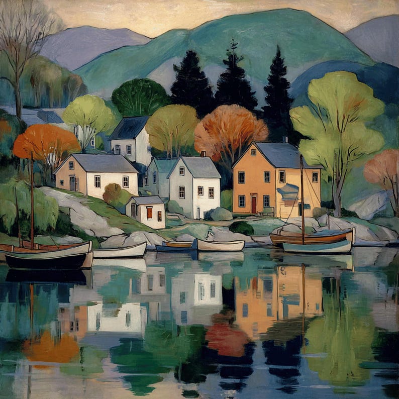 23 Coastal Harbor Landscape Wall Art Set, Nautical Village Painting ...