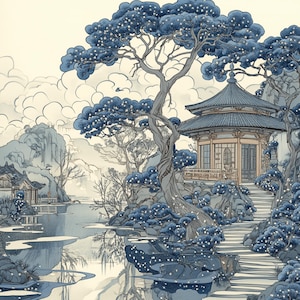 12 Japanese Scene Digital Art Set, Monochrome Large Square Poster, 12 ...