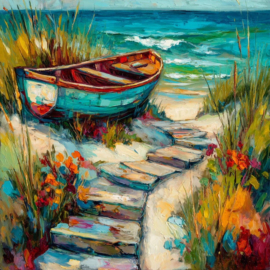 14 Vibrant Seaside Boat Artwork With Colorful Flowers and Coastal Paths ...