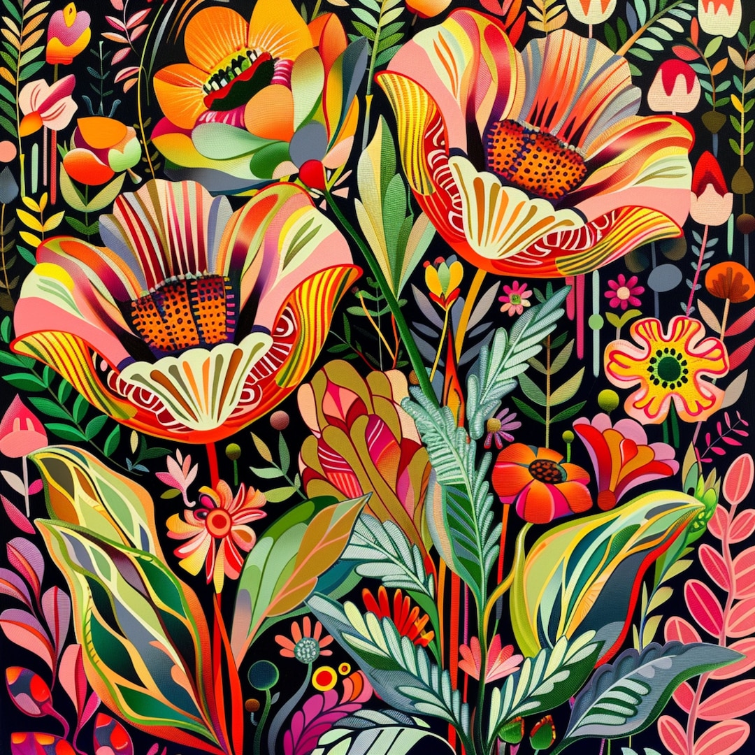 NINE Boho Retro Floral Wall Art, Colorful Flower Digital Print, Modern ...