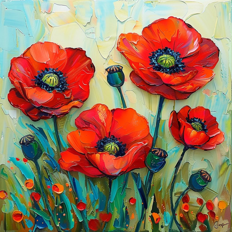 TWELVE Poppies Wall Art, Contemporary Acrylic, Large Artwork Digital ...