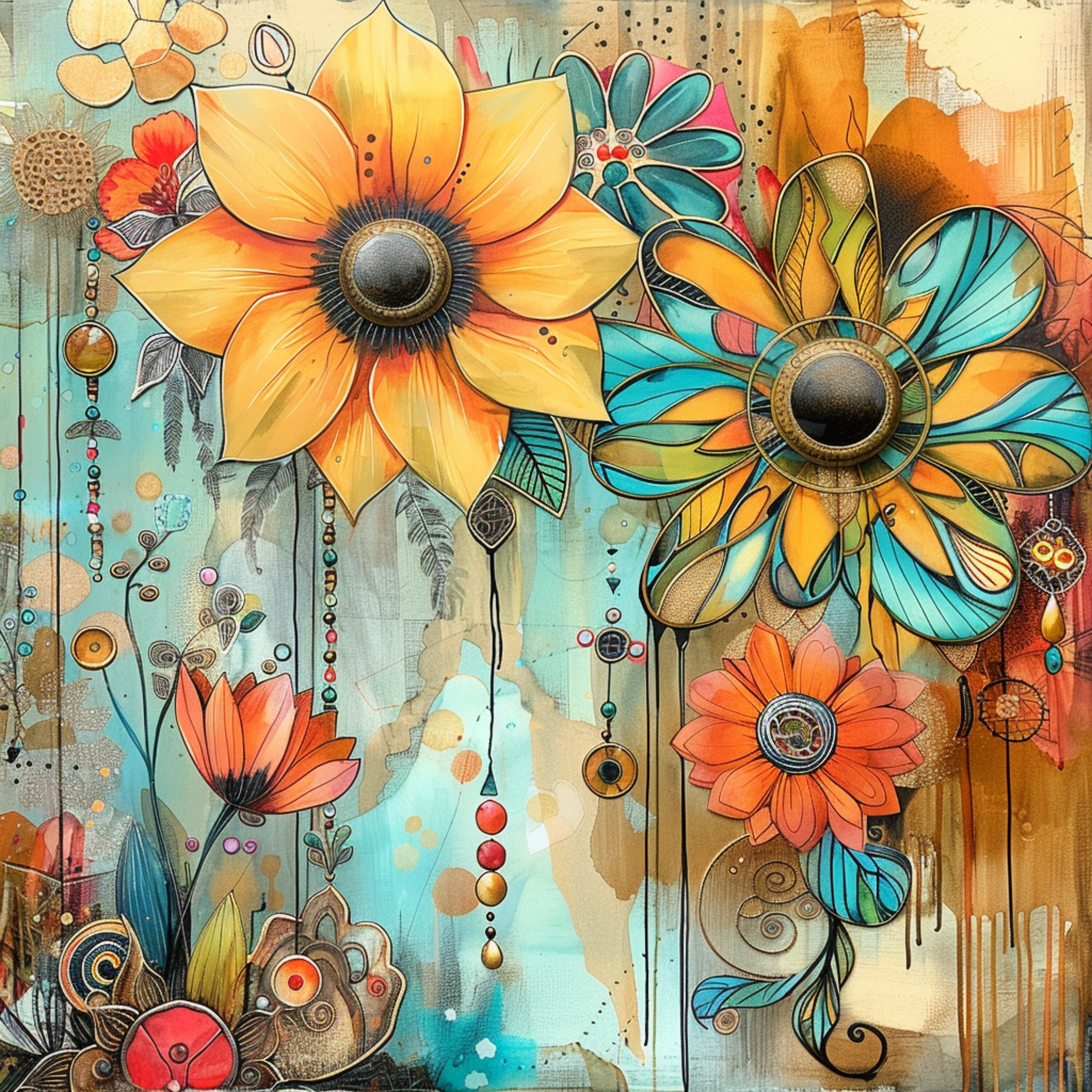 TEN Boho Button Ribbons Digital Download, Retro Style Button Art Design ...