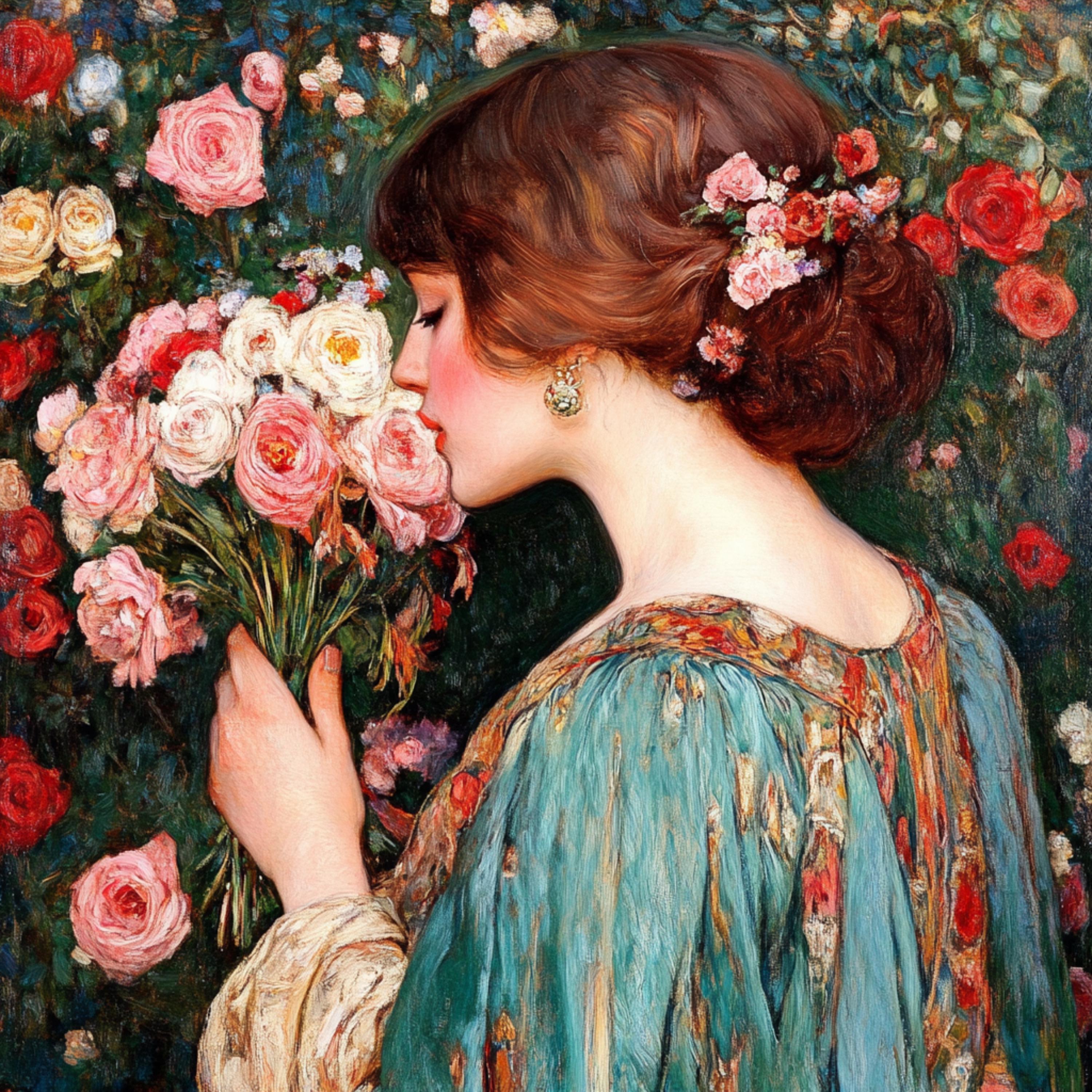14 Woman Smelling Flowers Digital Art, Living Room Wall Decor, Large ...