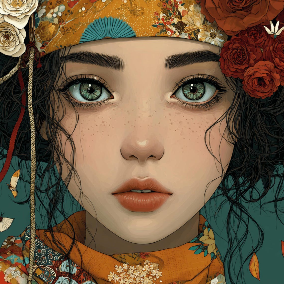 15 Whimsical Female Portrait Wall Art, Anime Floral Digital Woman Faces ...