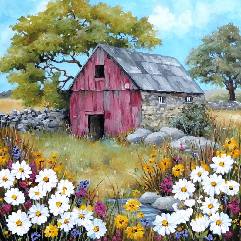 19 Rustic Red Barn Artwork With Sheep, Wildflowers, Stone Walls ...
