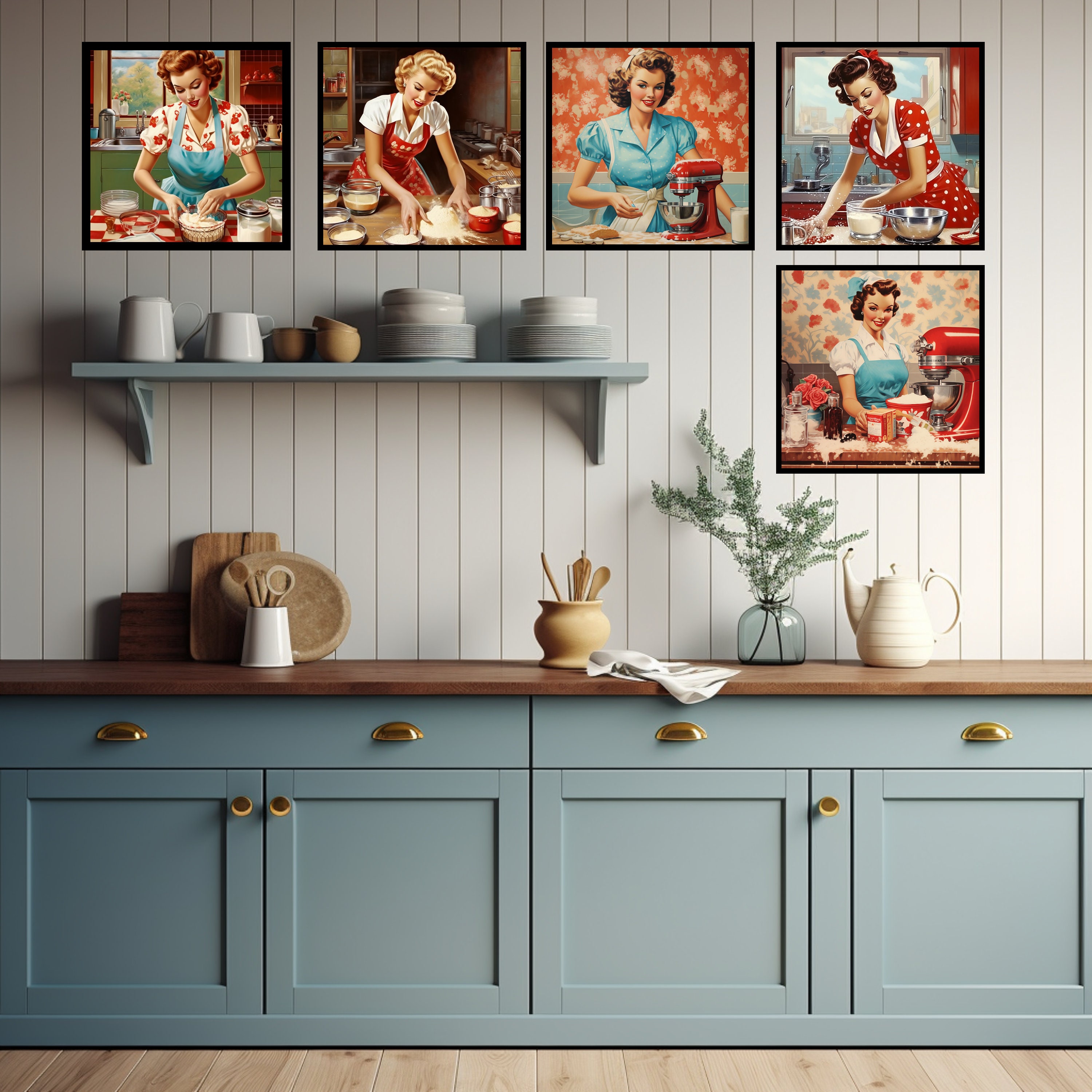 FIVE Woman Cooking Prints Retro Vintage Style Wall Decor Instant ...