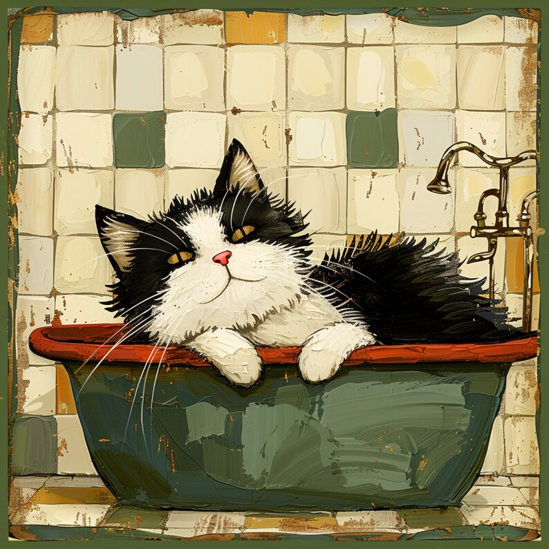 12 Cute Cat in Tub Digital Artwork, Cartoon Cat Illustration Wall Art ...