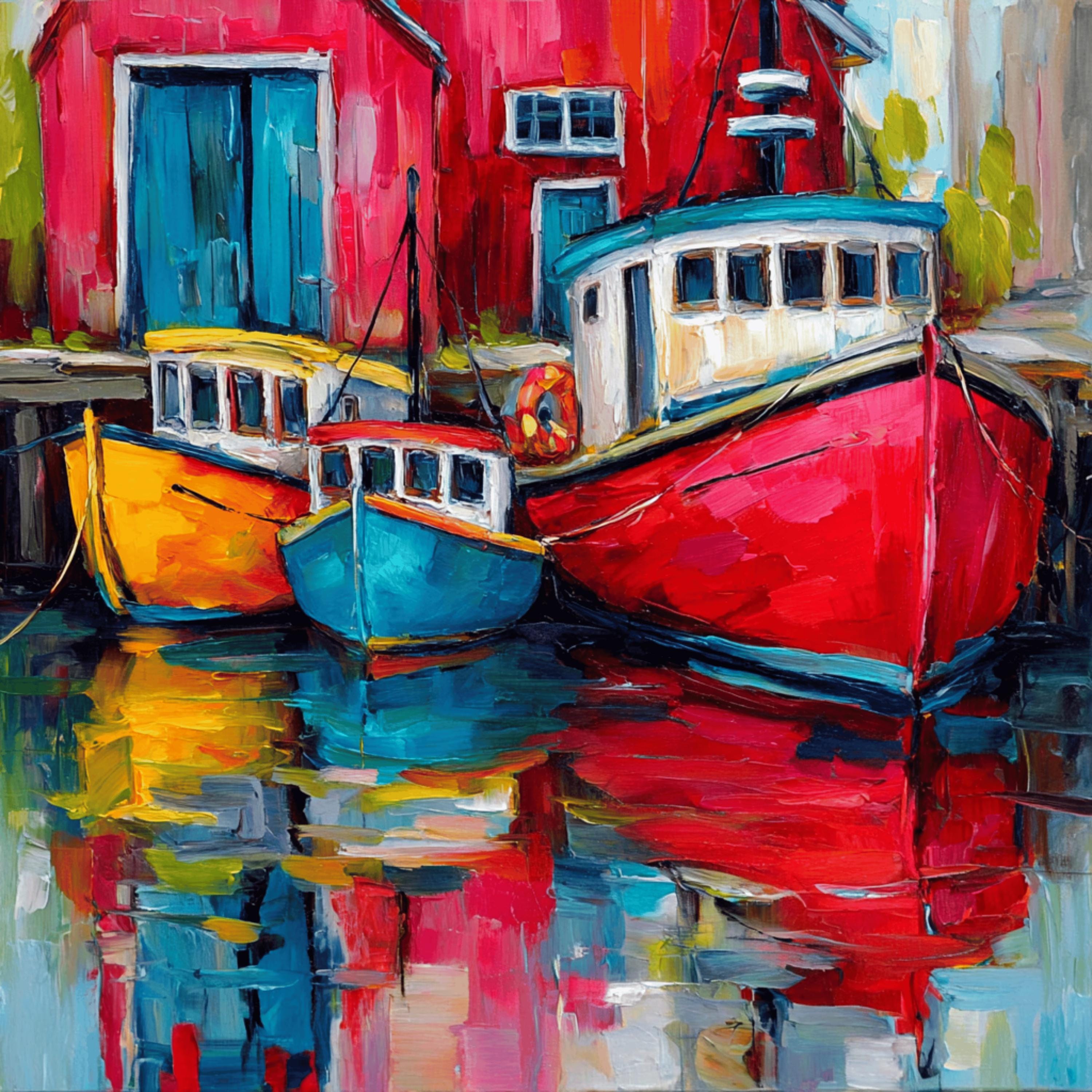 Coastal Boat Art Prints: Red Rowing Boats, Harbor Scene (PNG Set ...