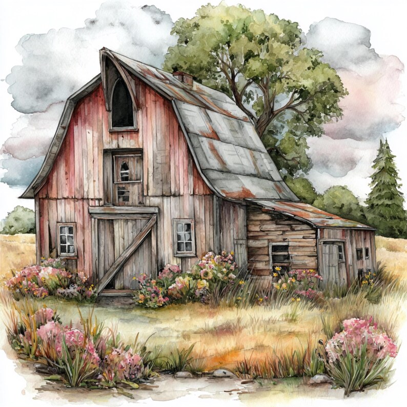 19 Painterly Rustic Barn Art Set Vintage Farm Buildings Cottagecore ...