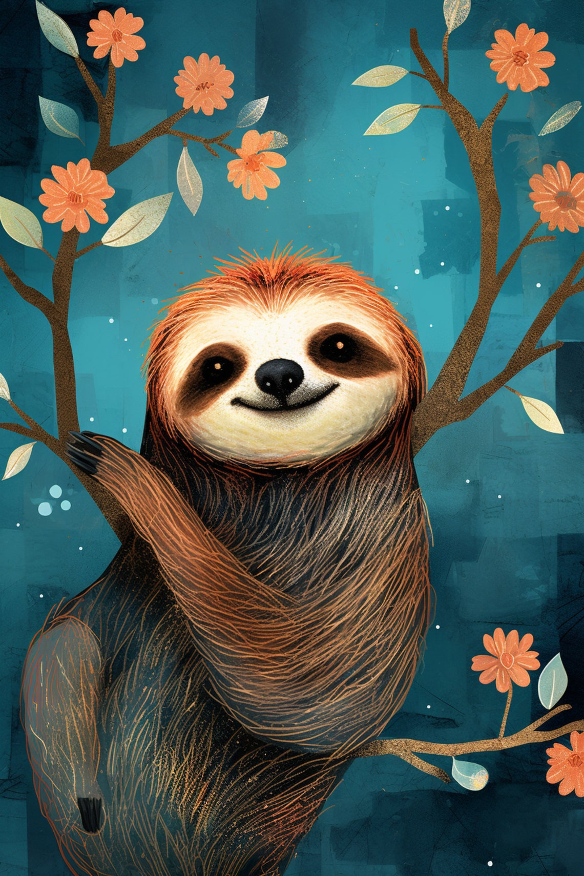 Sloth Illustration Set of FOUR Teal and Gold Instant Printable - Etsy