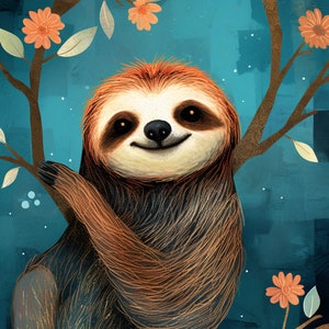 Sloth Illustration Set of FOUR Teal and Gold Instant Printable Digital ...