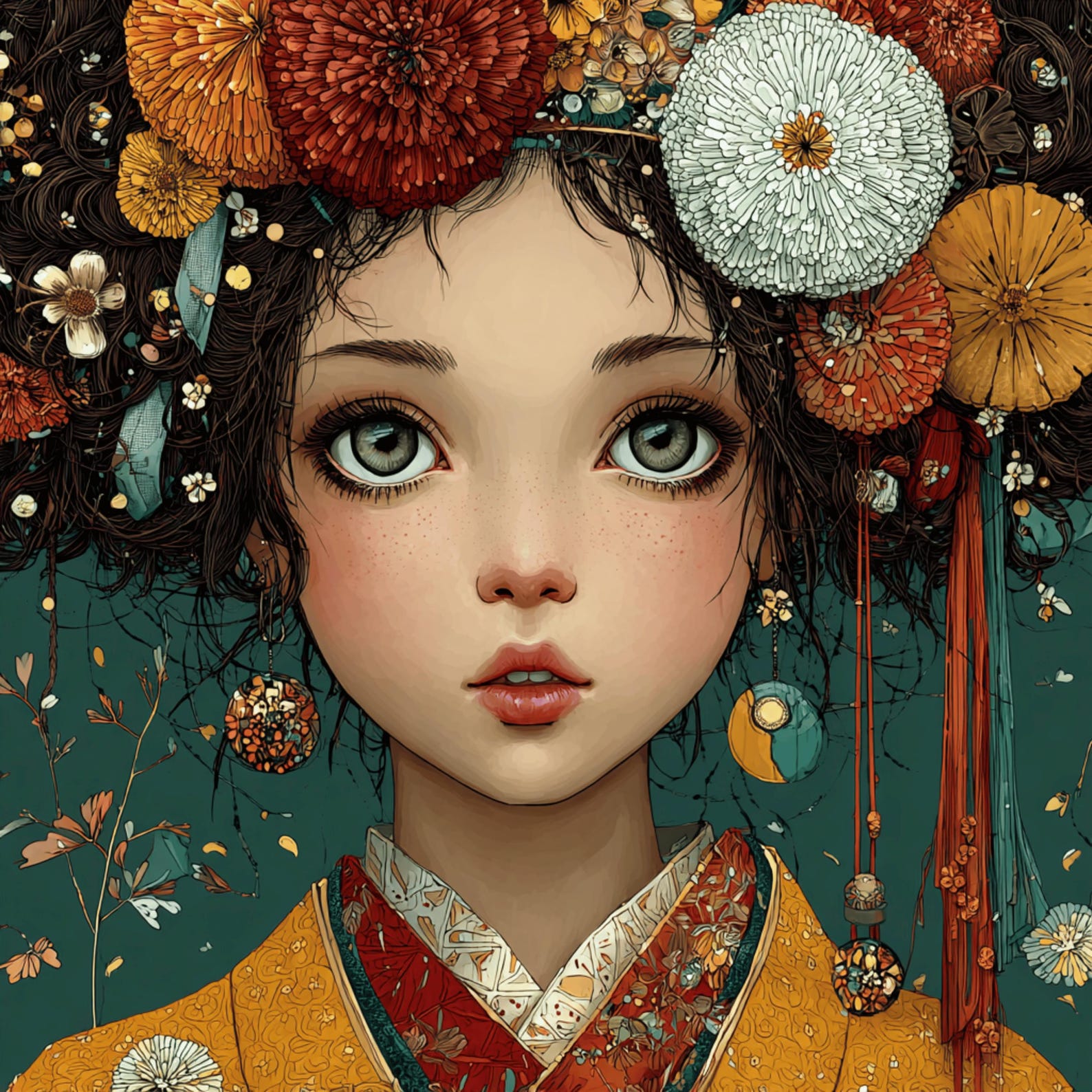 15 Whimsical Female Portrait Wall Art, Anime Floral Digital Woman Faces ...