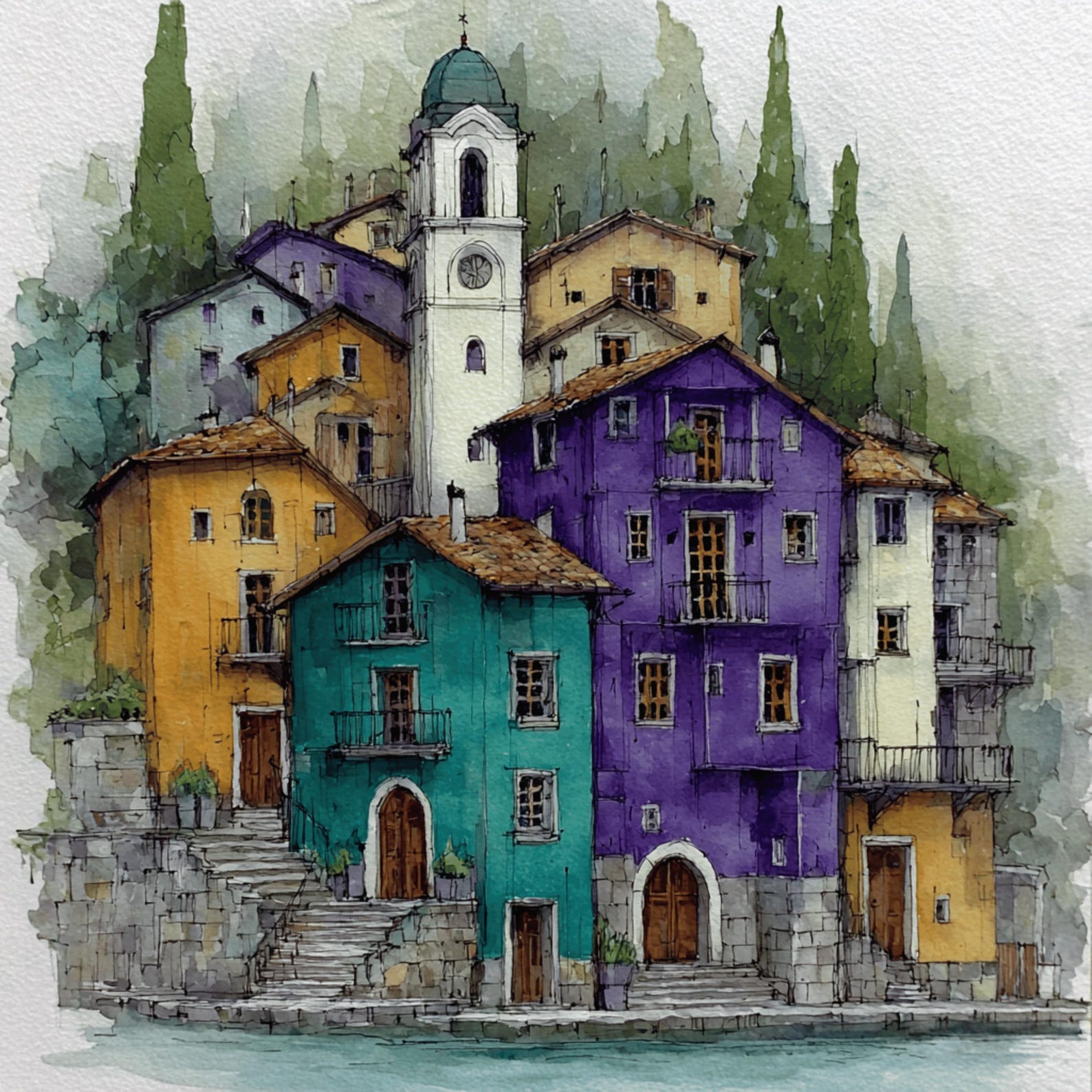Colorful Town Scenes Watercolor Ink Art Prints: DIY Kitchen & Dining ...