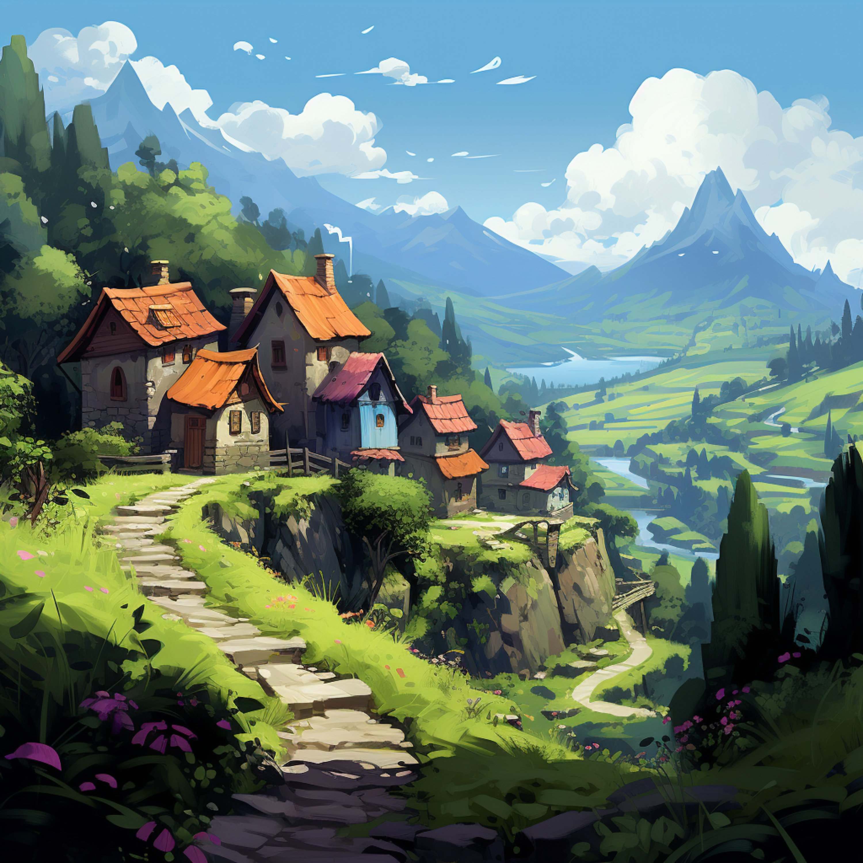 SIXTEEN Rustic Fantasy Mountain Town Village Scenes Colorful Landscape ...