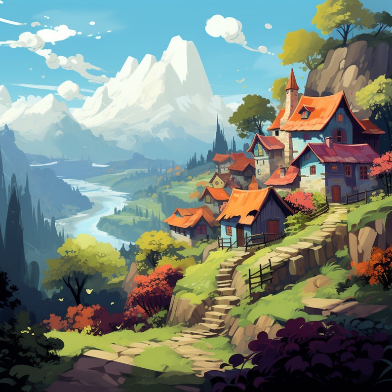 SIXTEEN Rustic Fantasy Mountain Town Village Scenes Colorful Landscape ...