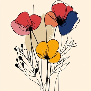 12 Modern Floral Line Art Digital Print Set, Abstract Bold Colors ...