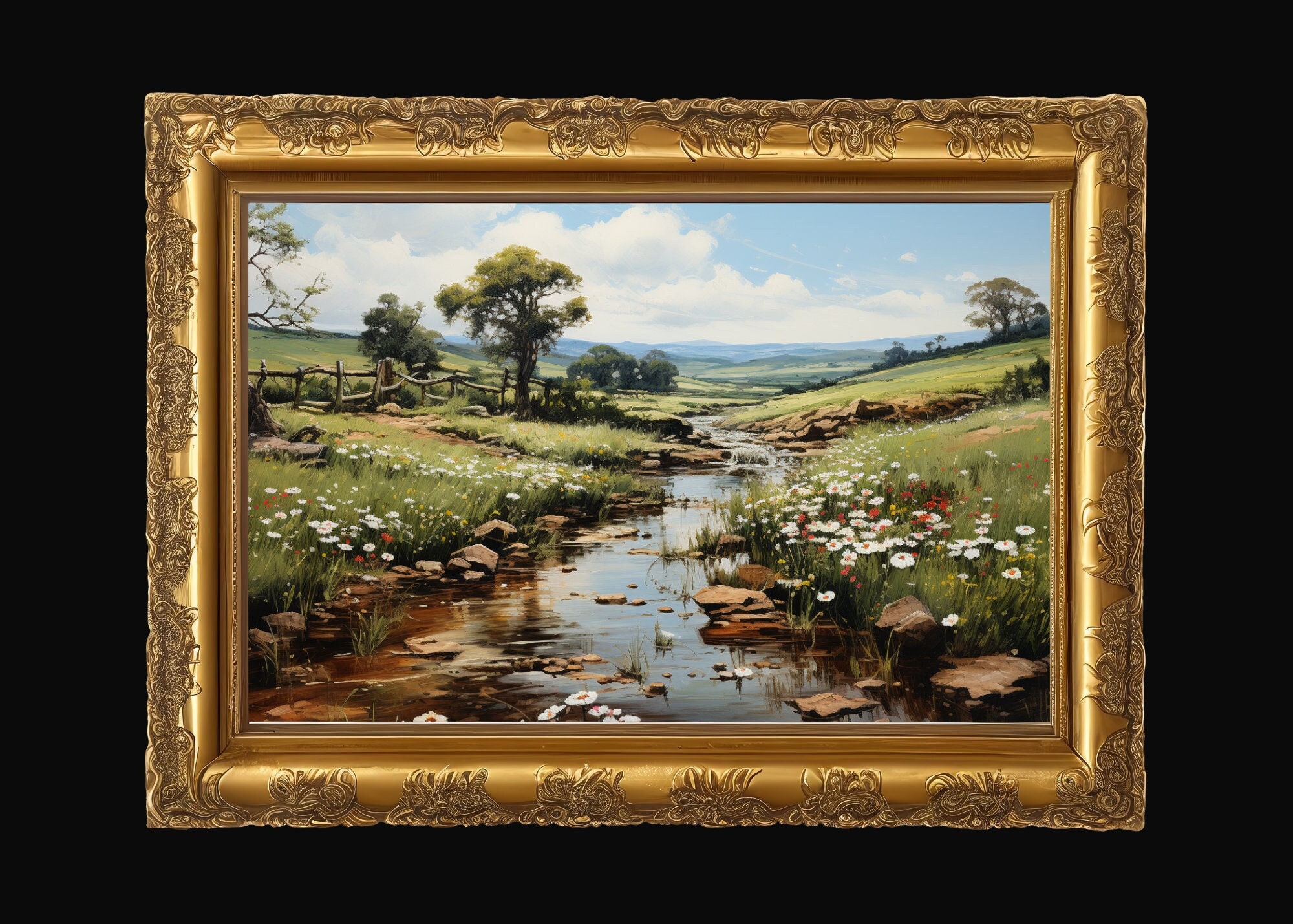 FOUR Rustic Landscape Wall Art, Country Meadow Stream, Nature Canvas ...