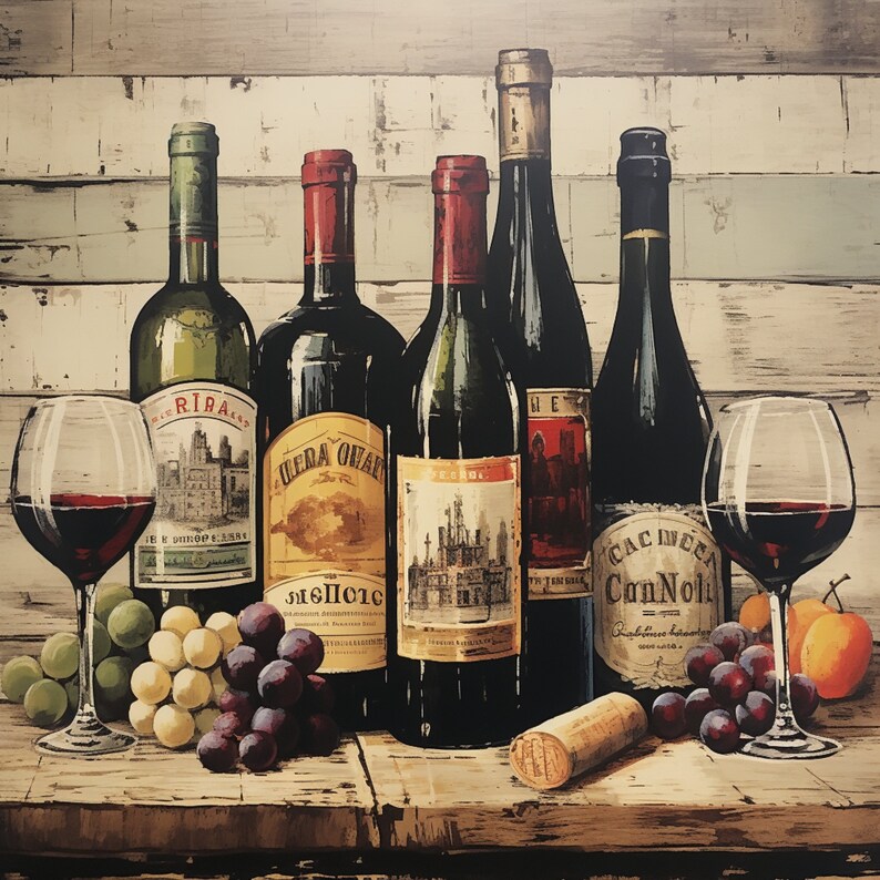 FOUR Wine Bottle Prints Retro Style Wall Decor Instant Printable ...