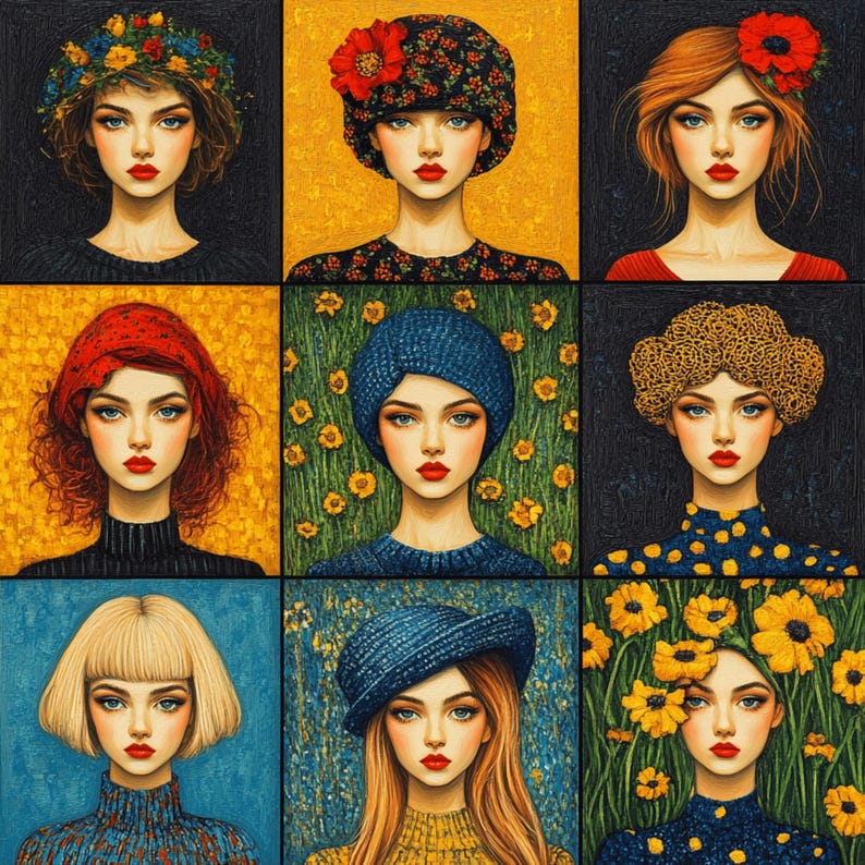 8 Digital Female Portraits Art, 3x3 Grid, Large Square Artwork, Wall ...