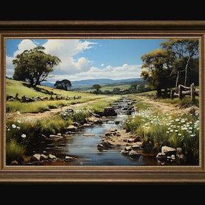FOUR Rustic Landscape Wall Art, Country Meadow Stream, Nature Canvas ...