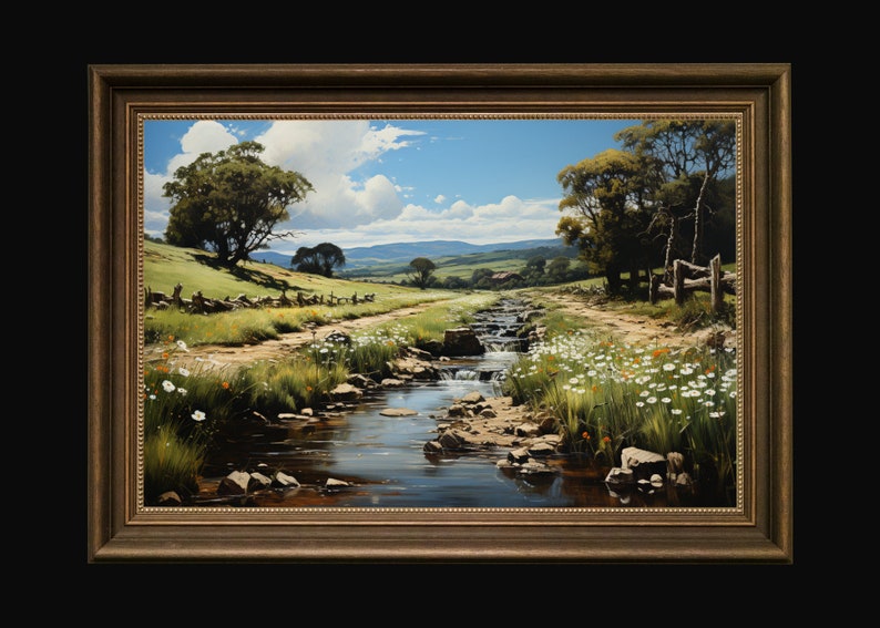 FOUR Rustic Landscape Wall Art, Country Meadow Stream, Nature Canvas ...