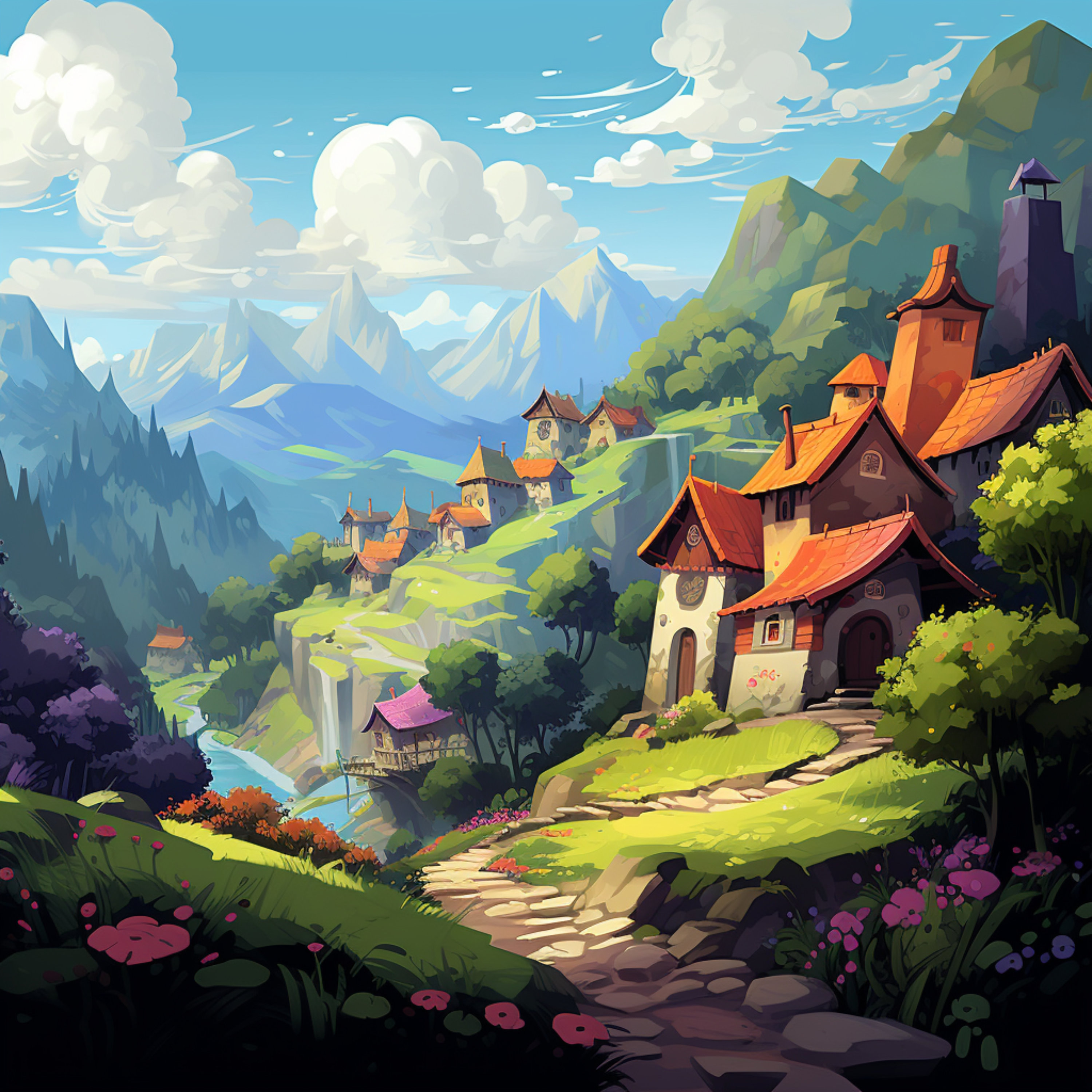 SIXTEEN Rustic Fantasy Mountain Town Village Scenes Colorful Landscape ...