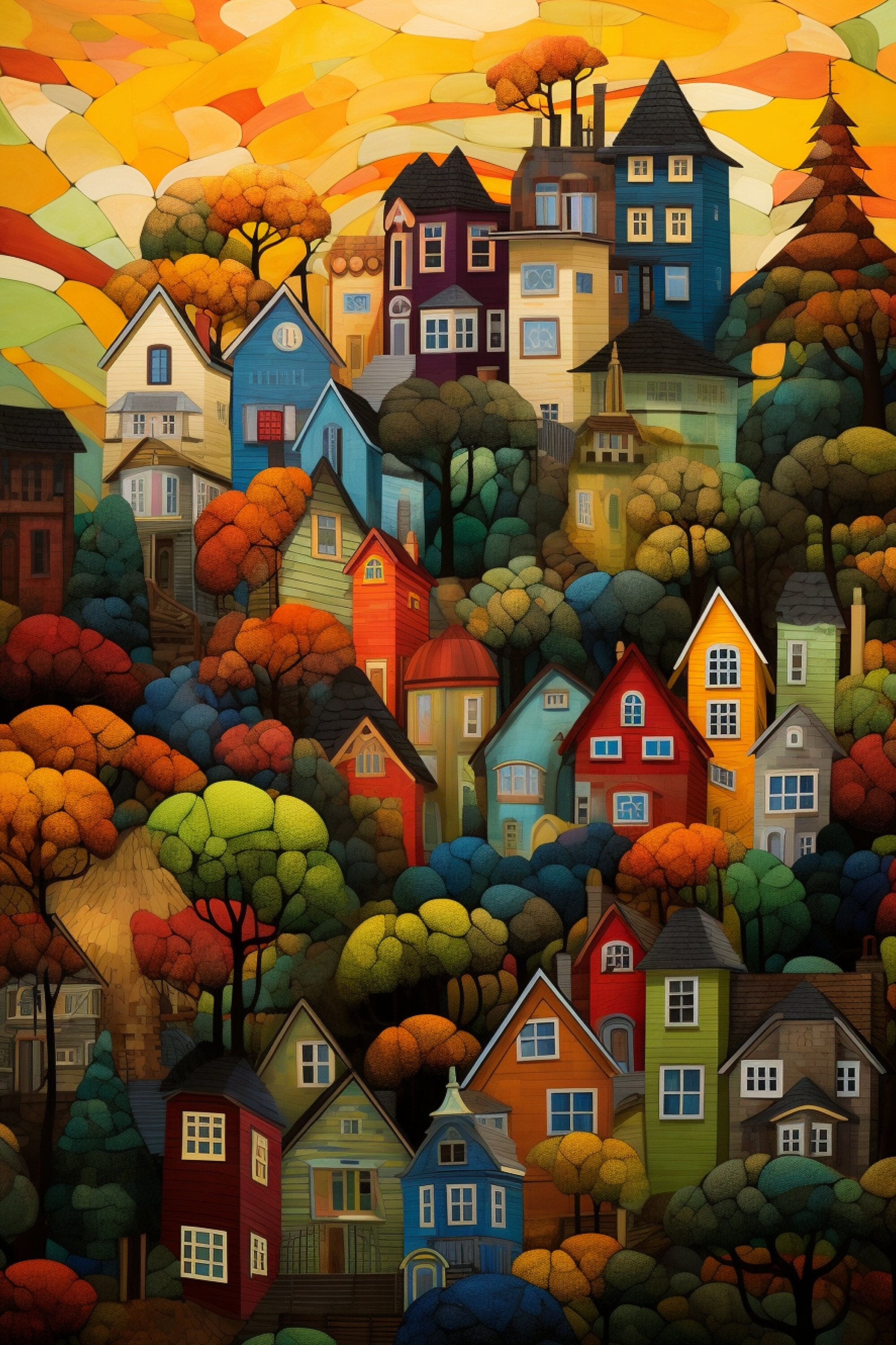 TEN Colorful Abstract Cityscapes, Digital Download, Geometric Houses ...