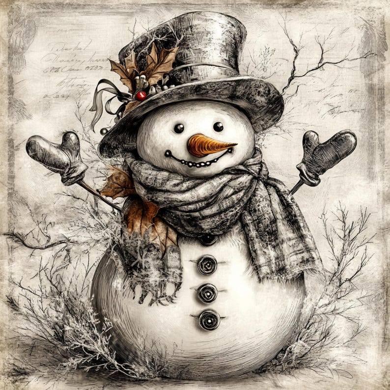 12 Retro Snowman Large Square Artwork Set, Vintage Snowman Digital ...