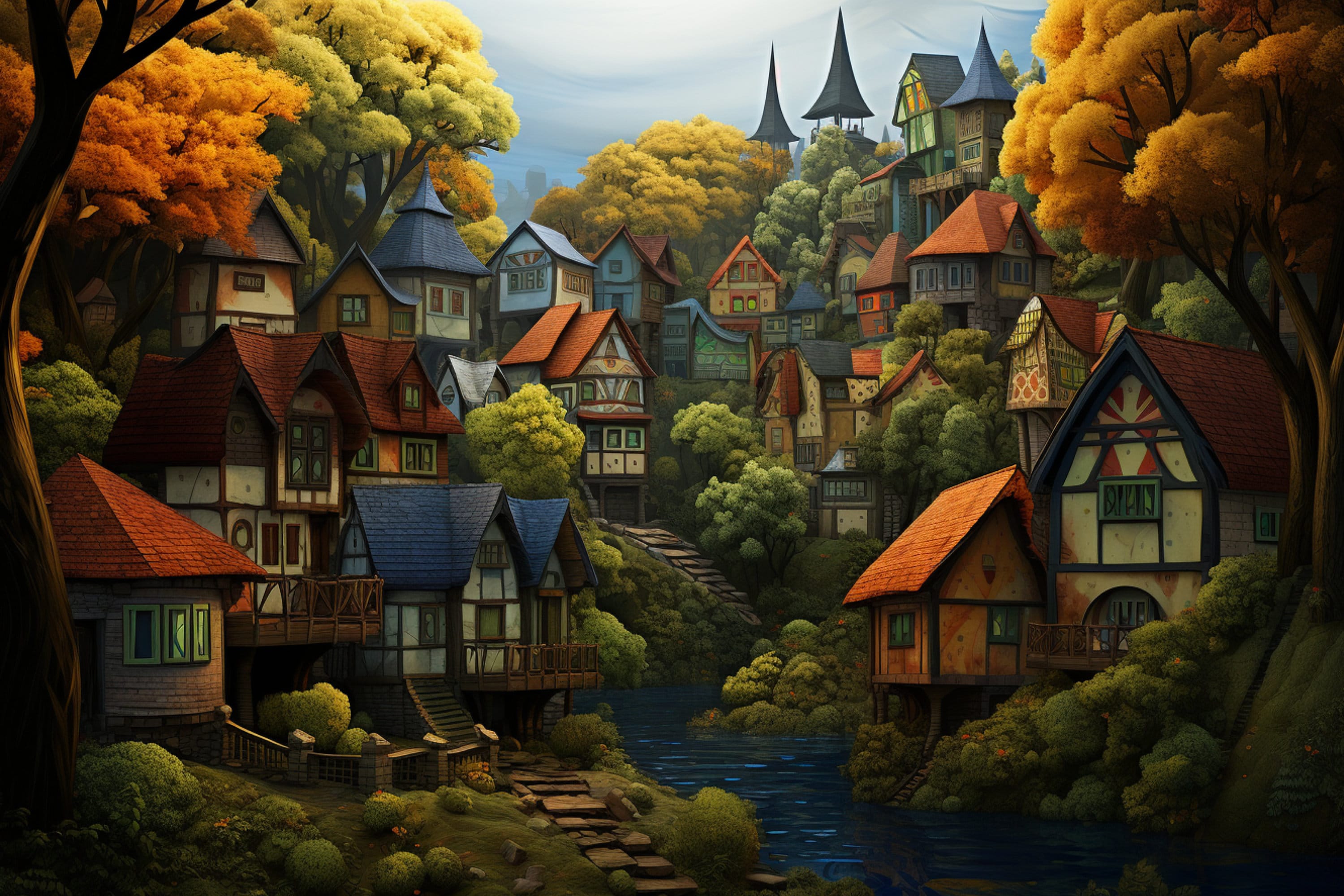 NINETEEN Whimsical Townscape Digital Art Print Colorful Fairytale ...