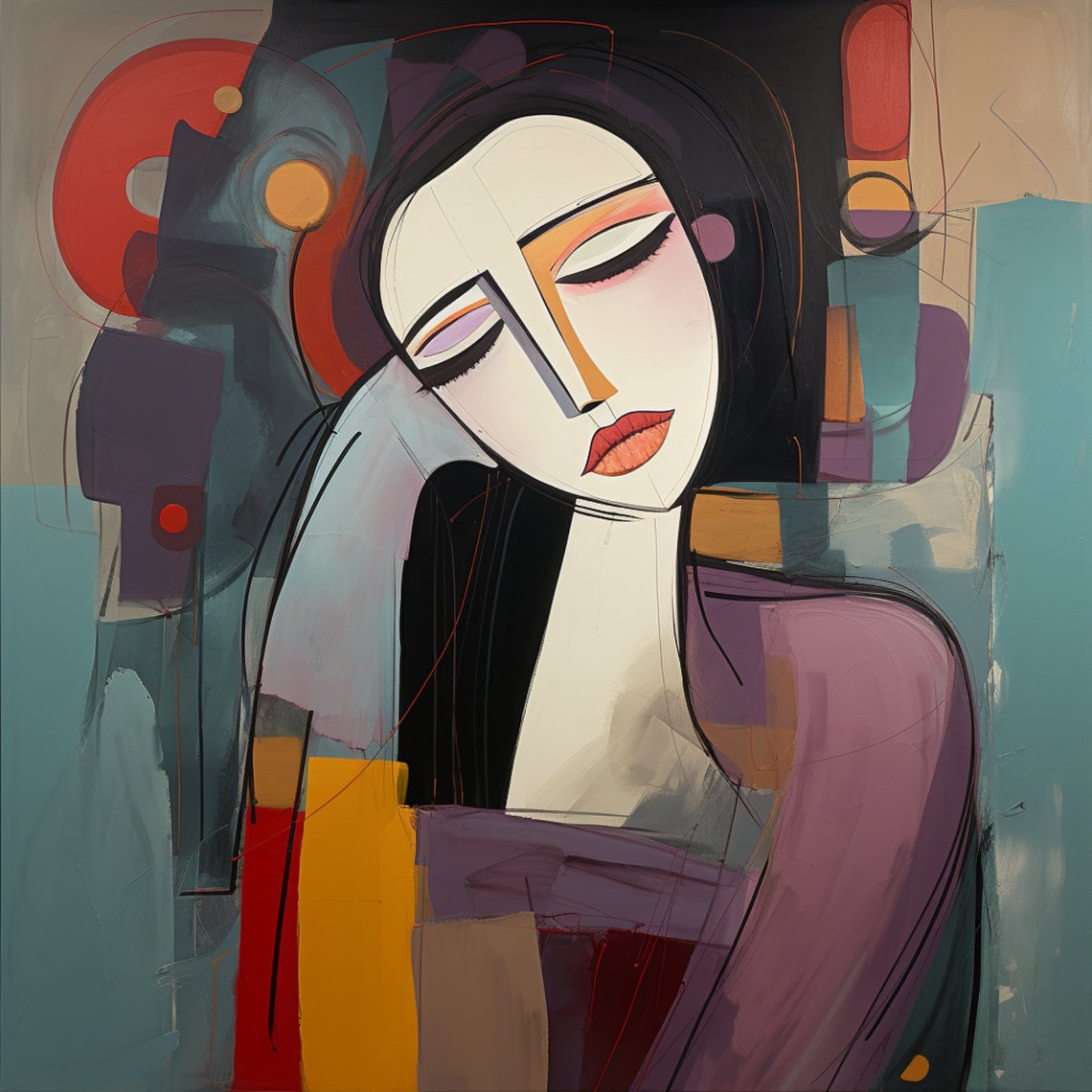 NINE Modern Abstract Female Portrait Wall Art, Bold Cubist Influence ...