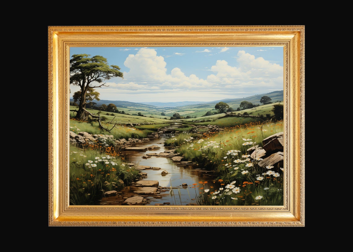 FOUR Rustic Landscape Wall Art, Country Meadow Stream, Nature Canvas ...