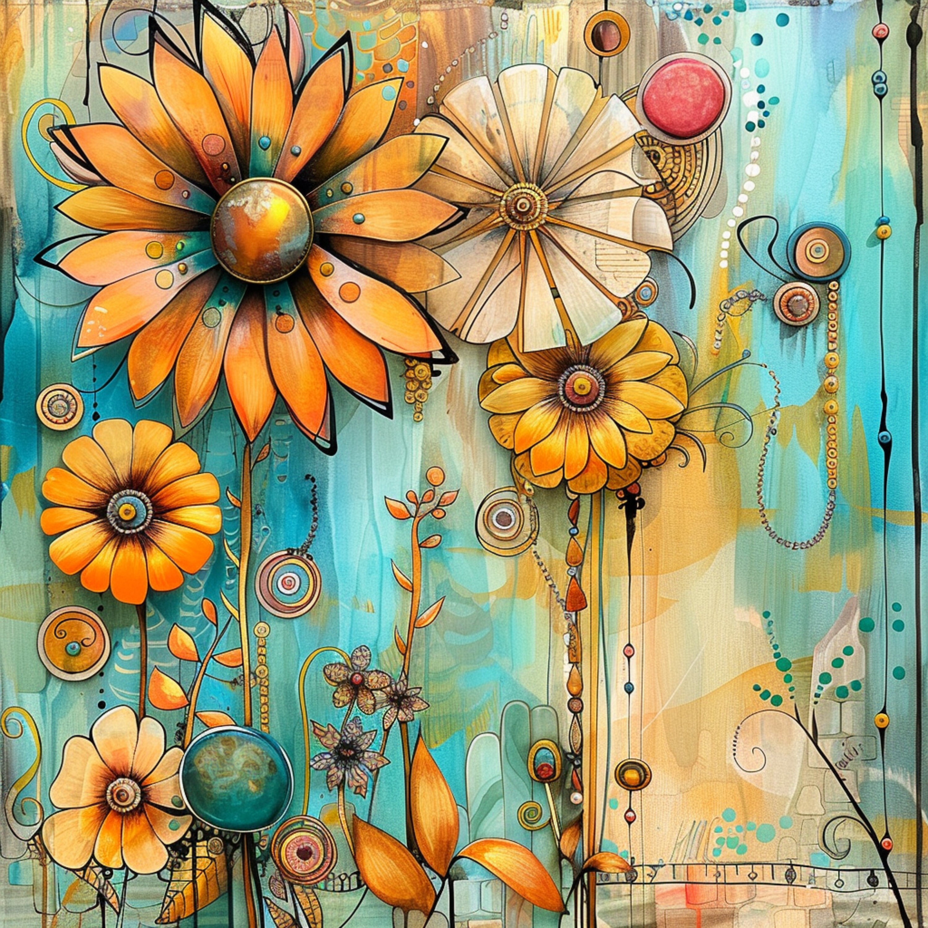 TEN Boho Button Ribbons Digital Download, Retro Style Button Art Design ...