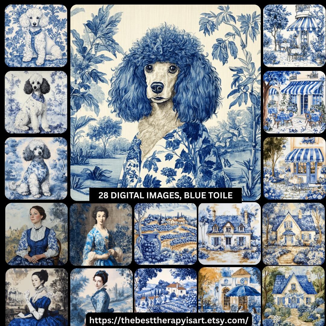 Blue Toile French Cottage Decor Bundle | 28 Pngs for DIY Wall Art ...