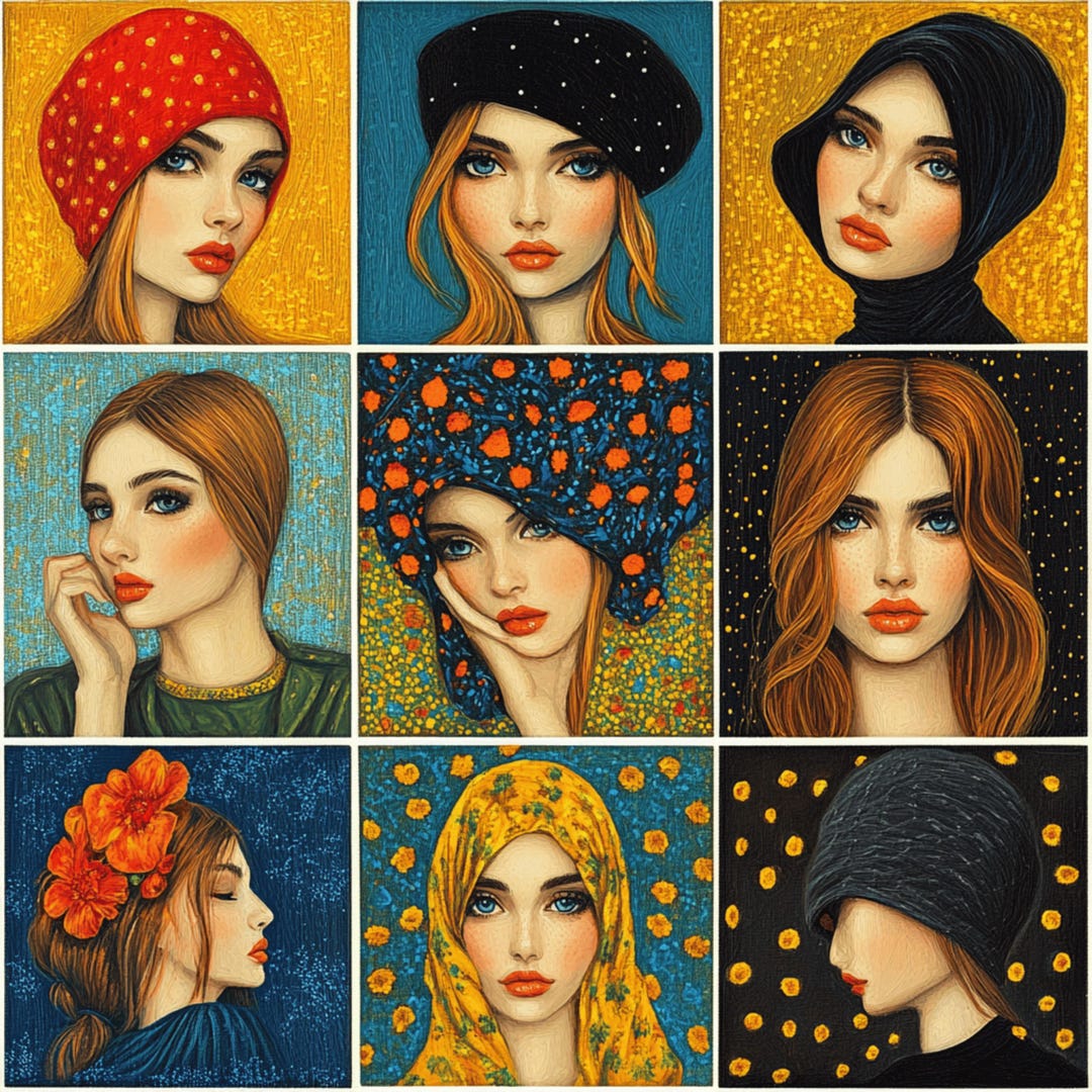 8 Digital Female Portraits Art, 3x3 Grid, Large Square Artwork, Wall ...