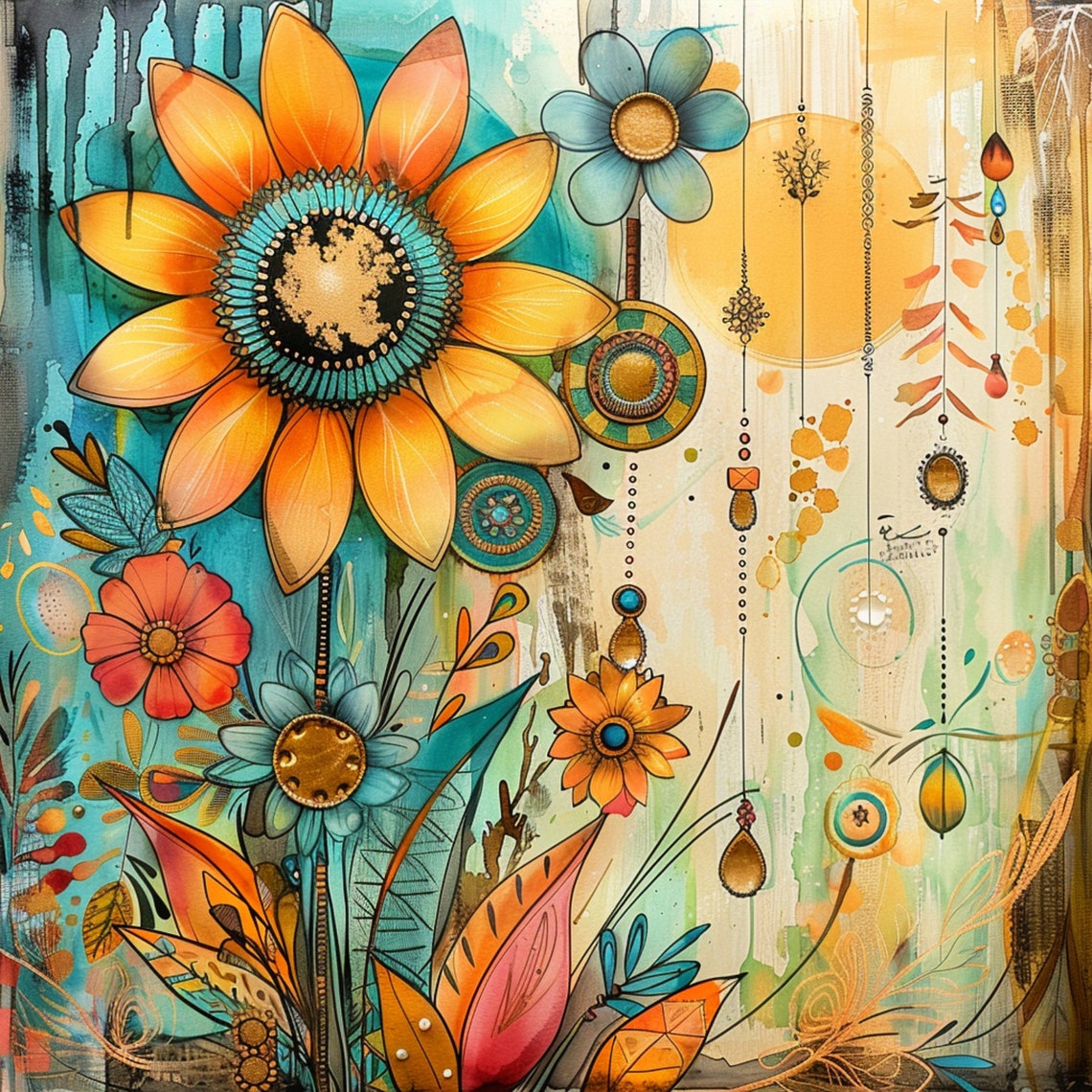 TEN Boho Button Ribbons Digital Download, Retro Style Button Art Design ...