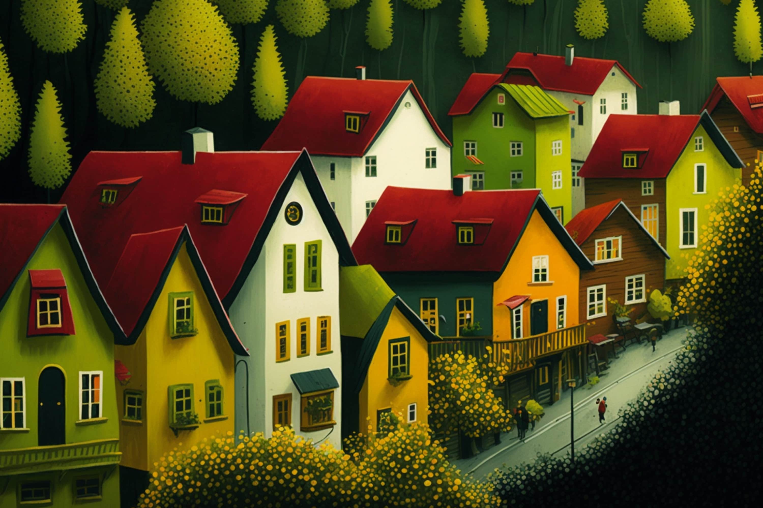 NINETEEN Whimsical Townscape Digital Art Print Colorful Fairytale ...