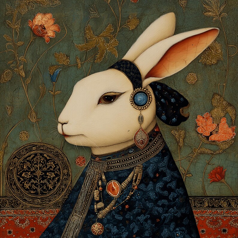 15 White Rabbit in Persian Costume Wall Art, Printable Animal Portraits ...