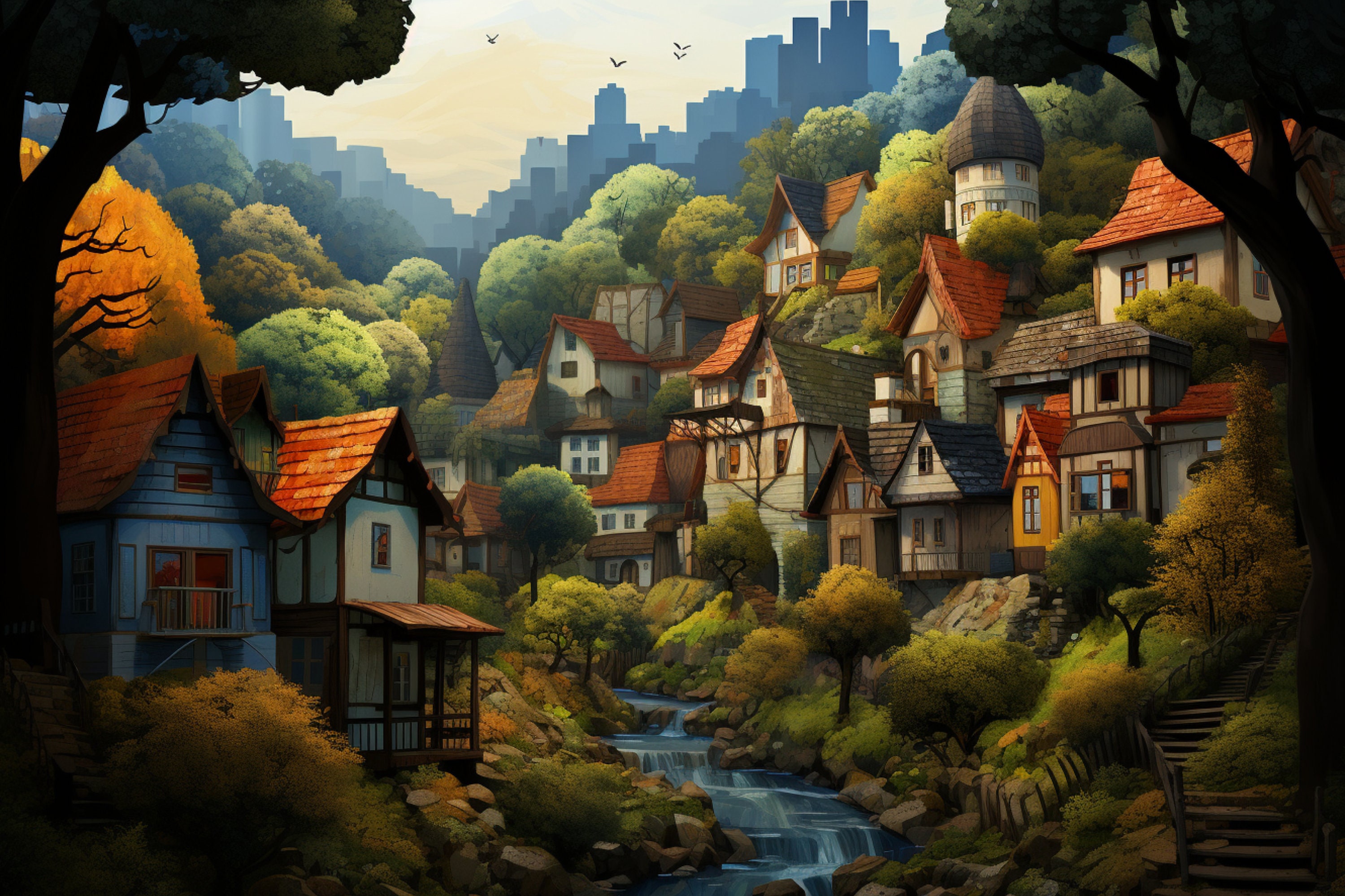 NINETEEN Whimsical Townscape Digital Art Print Colorful Fairytale ...