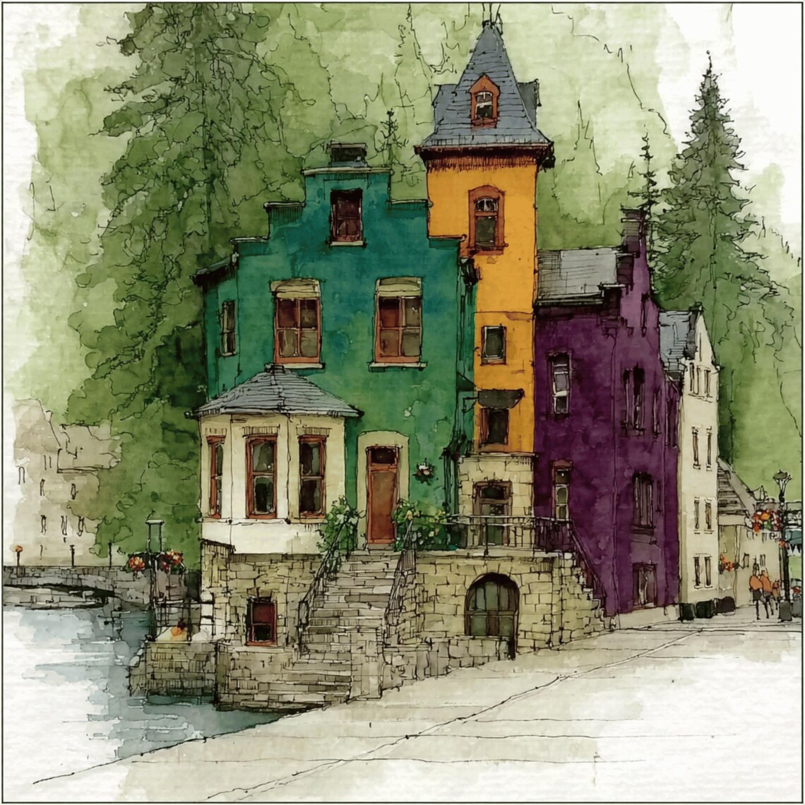 Colorful Town Scenes Watercolor Ink Art Prints: DIY Kitchen & Dining ...