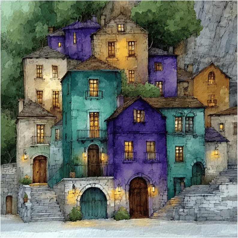Colorful Town Scenes Watercolor Ink Art Prints: DIY Kitchen & Dining ...