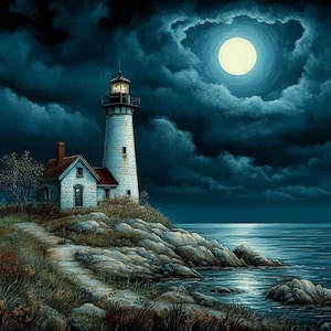 25 Digital Images, Lighthouse at Night, Large Square Moody Artwork ...