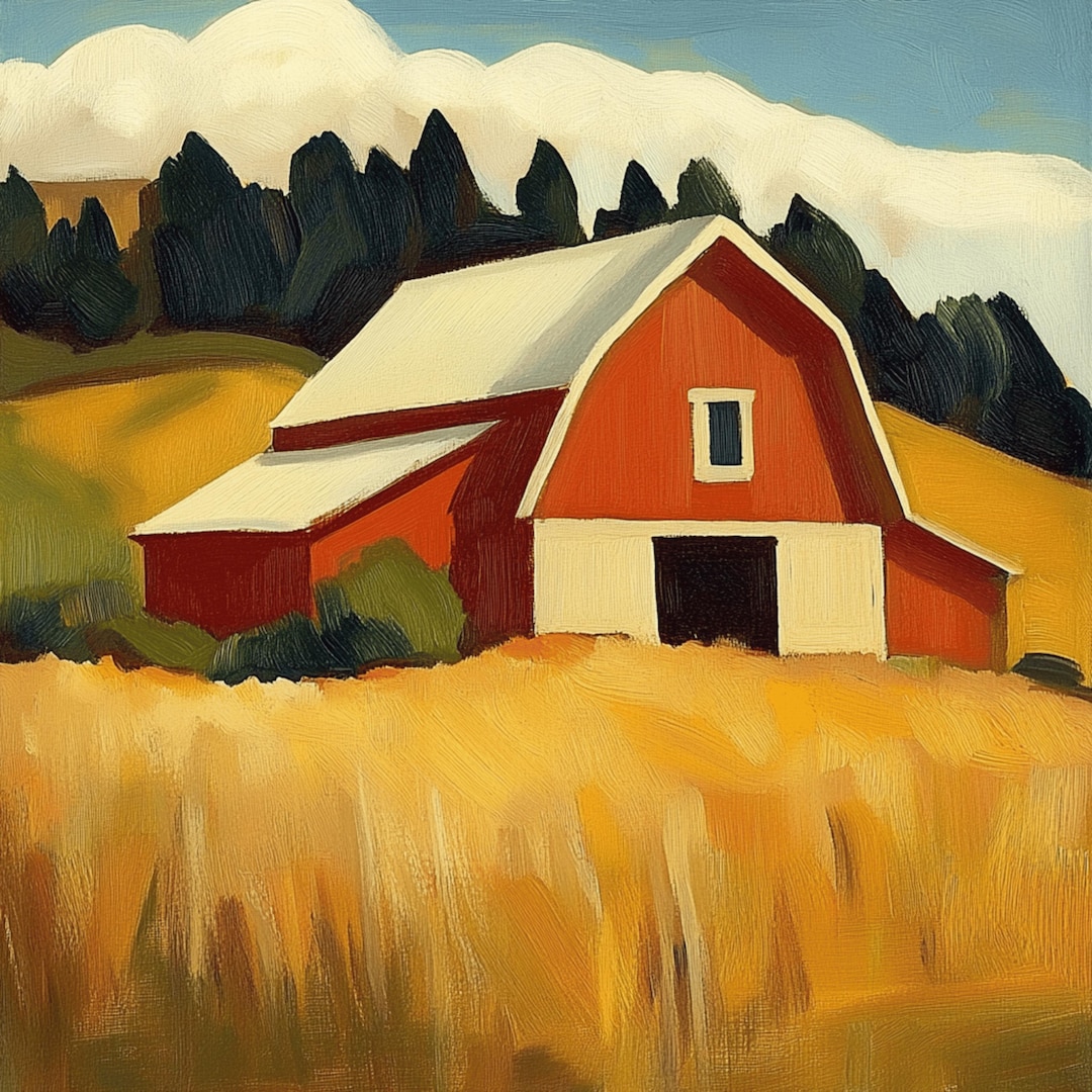 10 Large Red Barn Farm Scene Artwork Poster, 10 Digital Images, Square ...