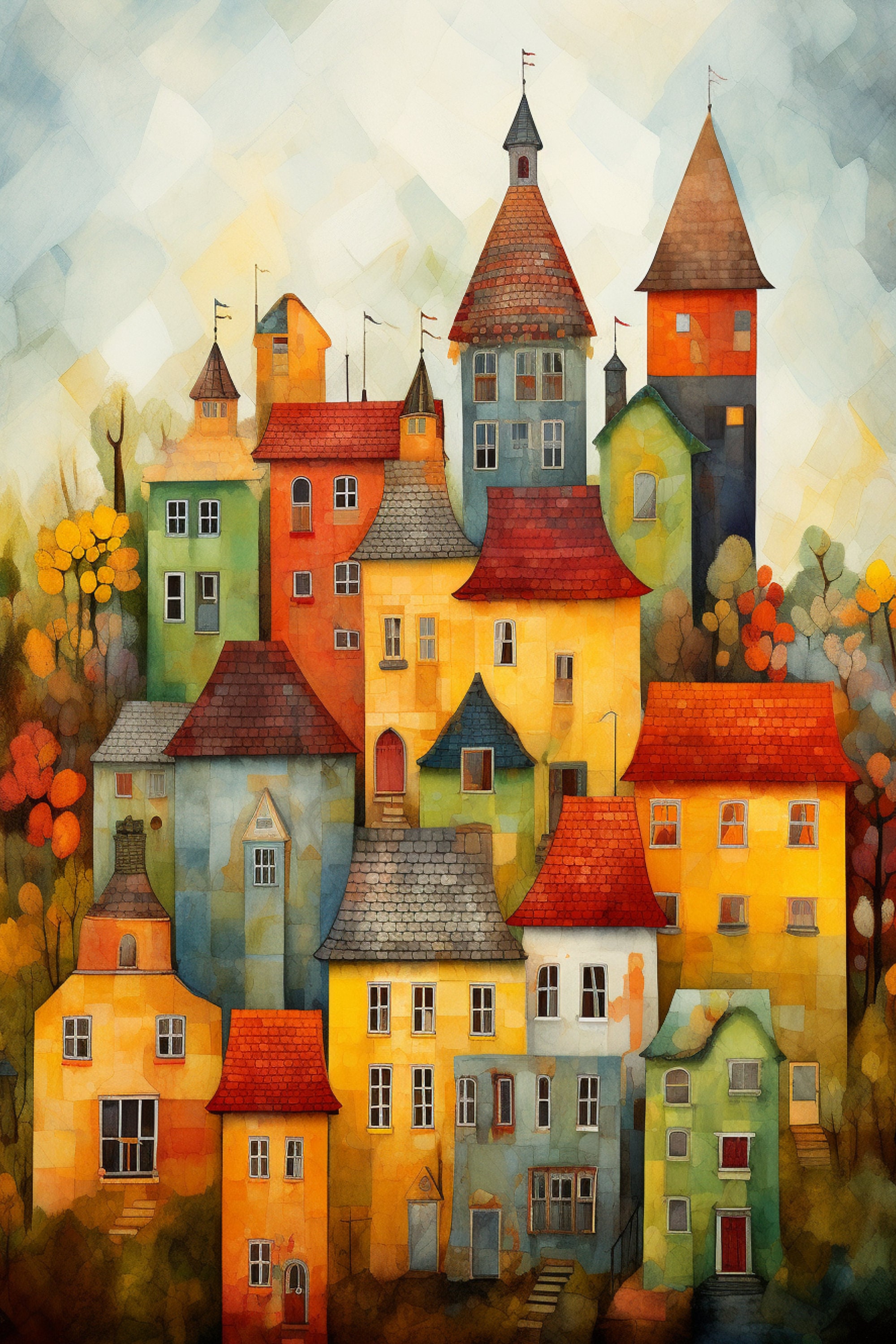 TEN Colorful Abstract Cityscapes, Digital Download, Geometric Houses ...